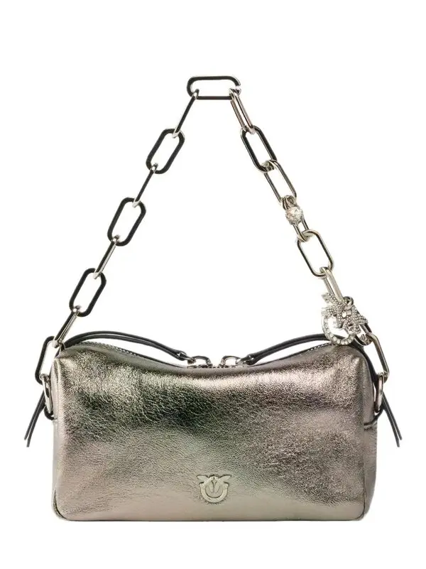 Pinko Mini Boston Bag In Laminated Nappa Leather With Two Straps - Silver
