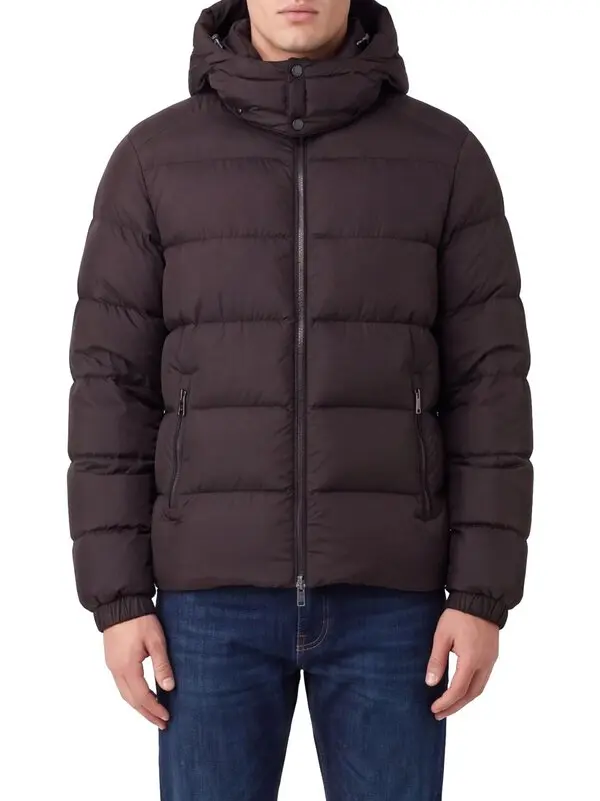 Add Quilted Polyester Short Down Jacket With Hood And Metal Zip - Brown