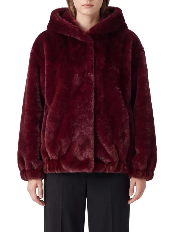 Antonelli Firenze Hooded Short Faux Fur Jacket - Ruby