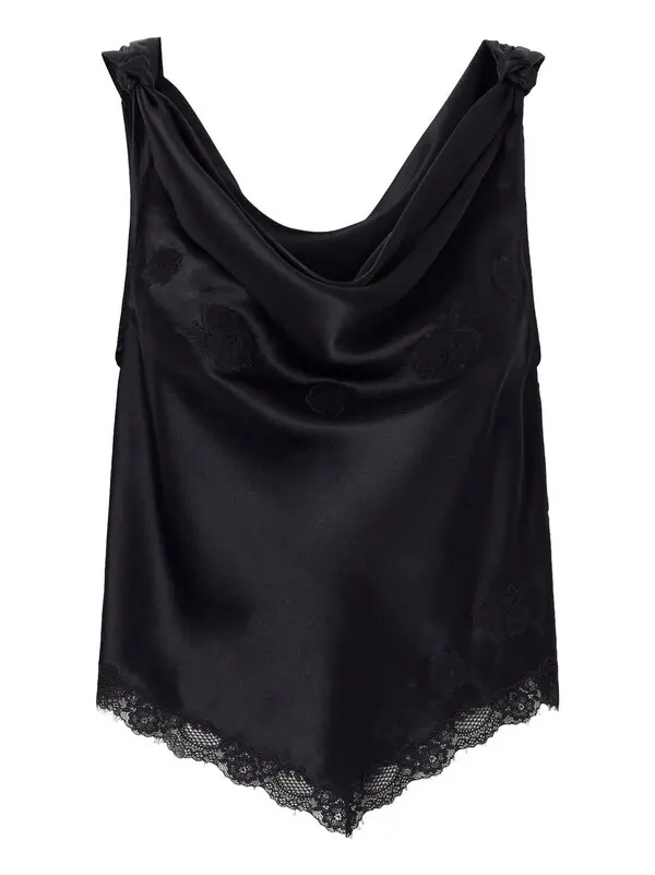 DÔEN Manon Gathered Lace-trimmed Silk-satin Top - Black