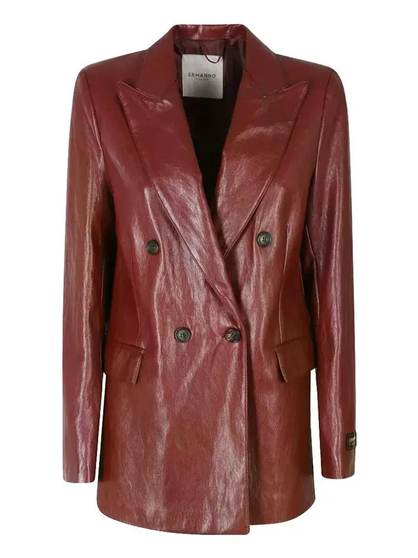 ERMANNO FIRENZE Double-breasted Peaked-lapel Leather Jacket - Red