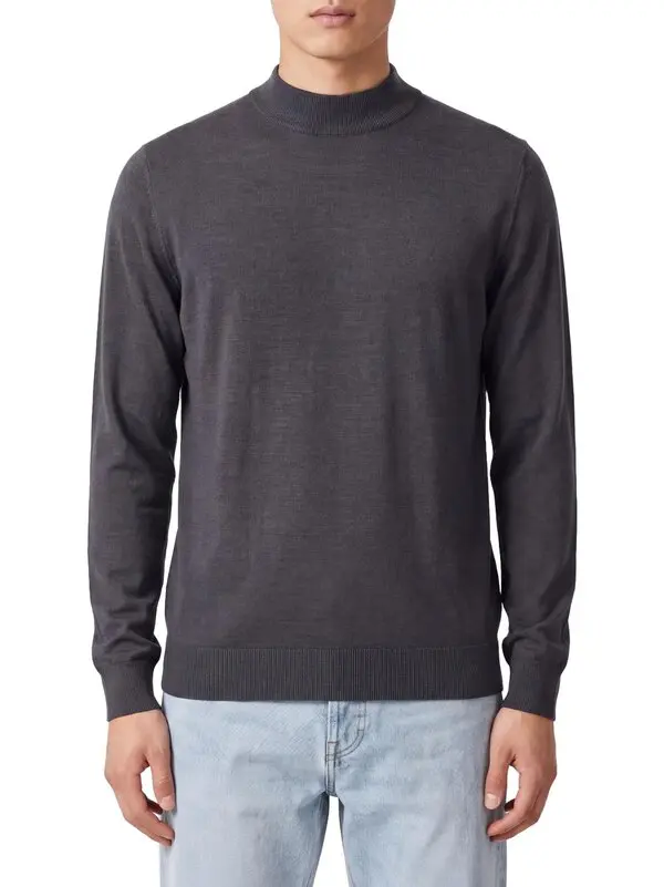 John Smedley Mock Neck Sweater In Pure Merino Wool With Ribbed Trims - Black