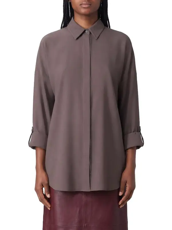 Brunello Cucinelli Cotton Shirt With Monili And Concealed Placket - Cocoa