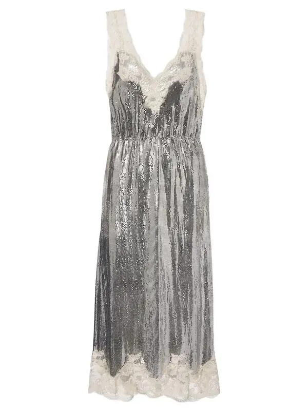 Rabanne Lace-trimmed Chainmail Midi Dress - Silver