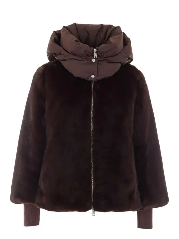 Add Zip-up Faux Fur Hooded Jacket - Brown