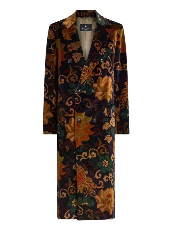 Etro Double-breasted Velvet Coat With Placed Floral-print - Black