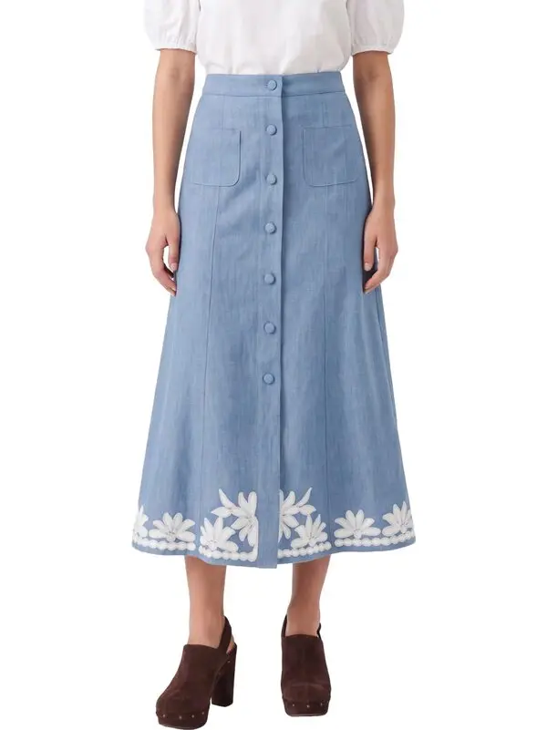 Valentino Garavani High-waisted A-line Embroidered Midi Skirt - Light Blue