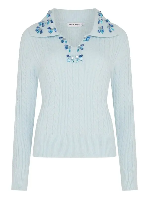 SOUR FIGS Hand-embellished Cable-knit Polo Jumper In Ice - Blue