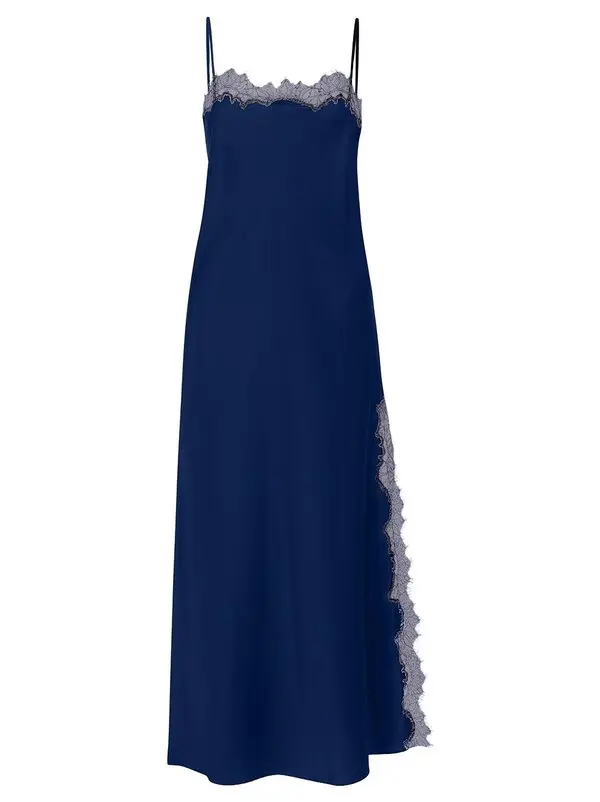 AVENUE 8 Silk Straight Neck Lace Midi Dress With Slit Navy - Blue