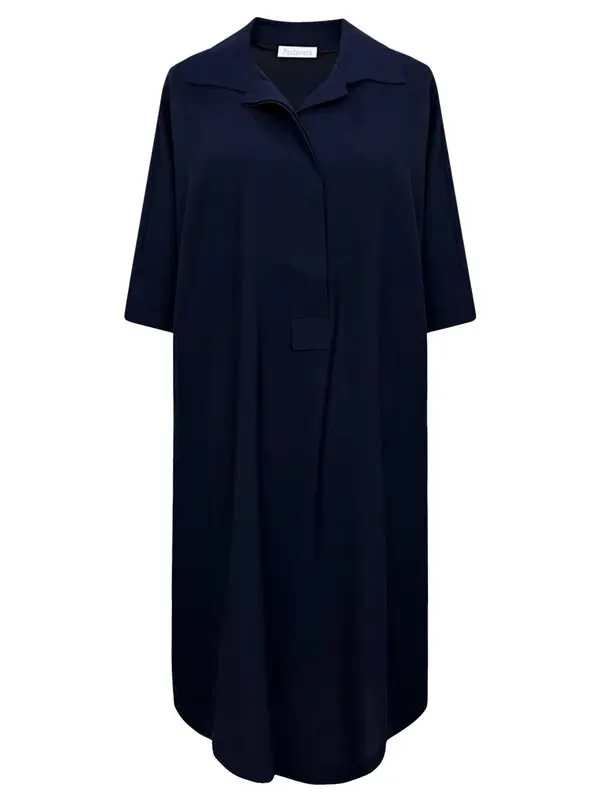 PERLAVERA Dina Navy Hidden Placket Three Quarter Sleeve Dress - Blue