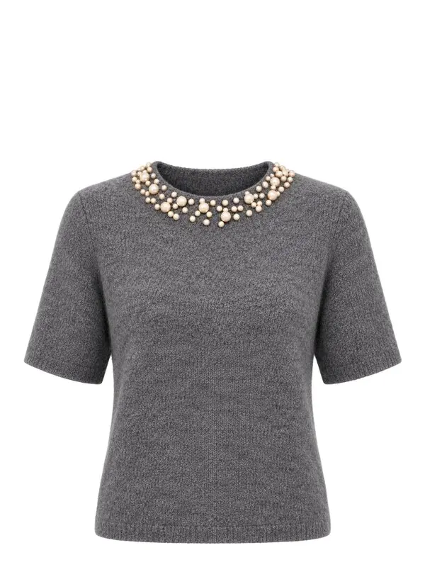 LUELLA FASHION Vicky Alpaca Blend T-shirt Pearl Embellished Collar - Grey