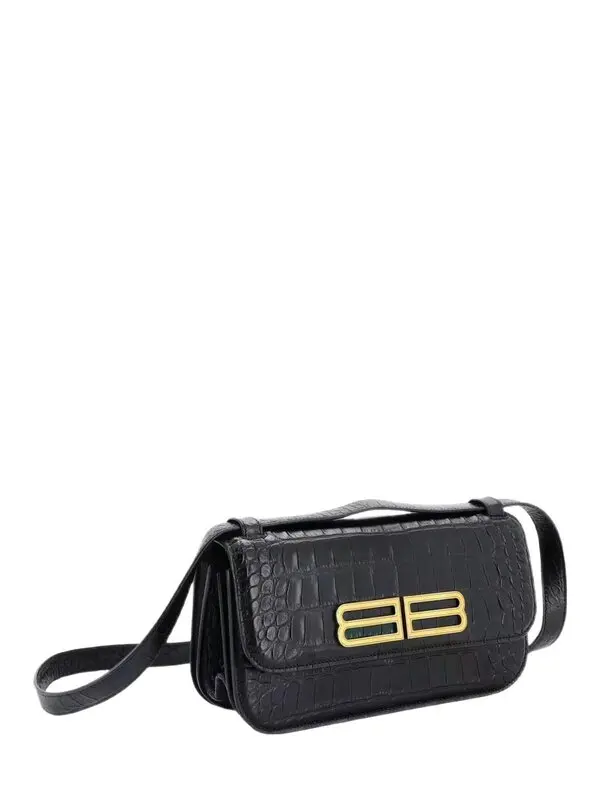 Balenciaga Gossip Flap Bag Crocodile Embossed Leather Small Shoulder Bag - Black