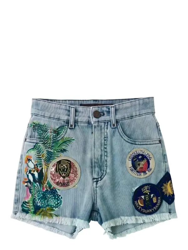 Mr & Mrs Italy Patch-detail Frayed Shorts - Blue