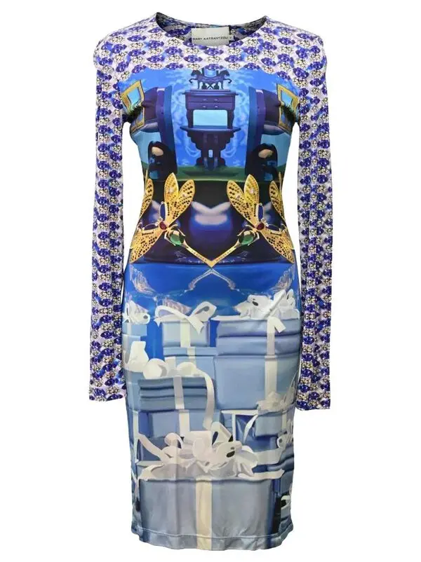 MARY KATRANTZOU Long-sleeve Printed Dress - Blue