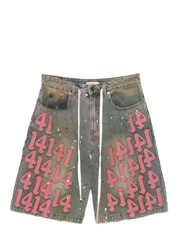 VALE FOREVER Appliqué-patch Paint-splatter Shorts - Blue