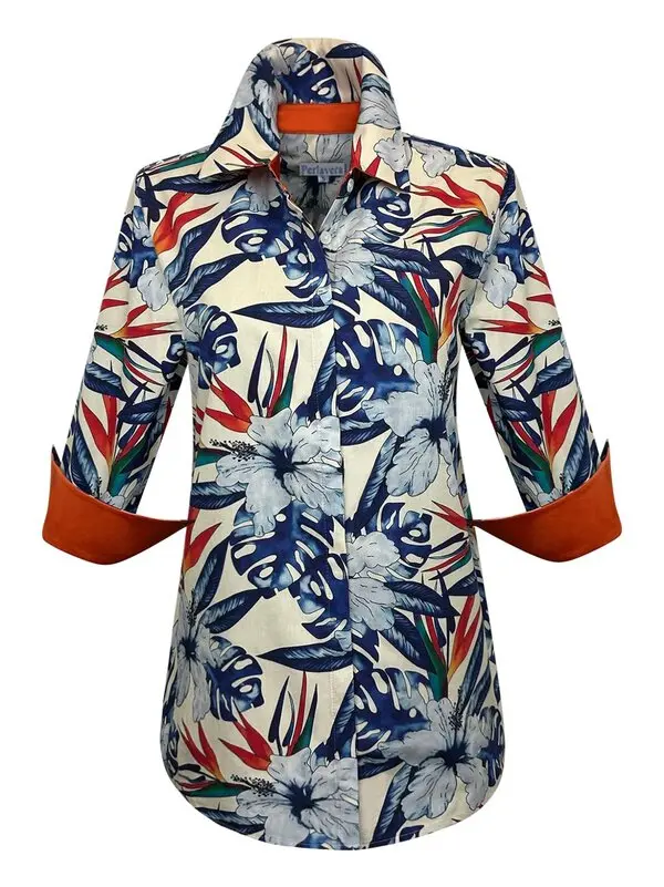 PERLAVERA Neutrals Cos Lilies Printed Three Quarter Sleeve Shirt - Blue