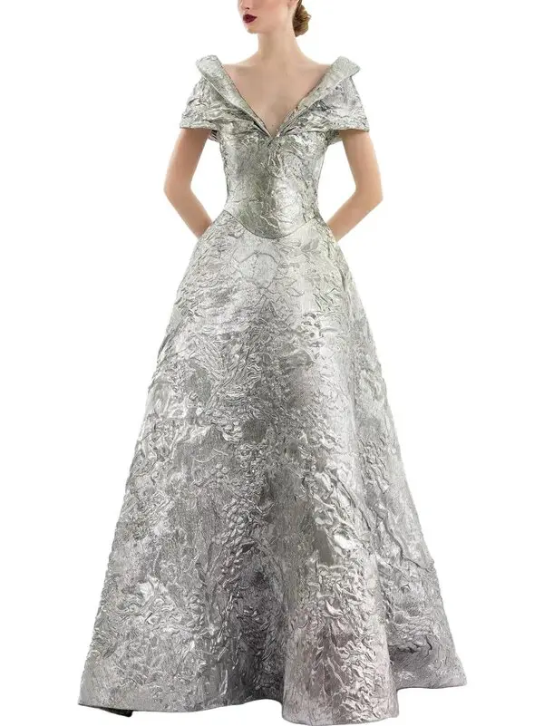 GEMY MAALOUF Off-shoulder Jacquard-effect Gown - Silver
