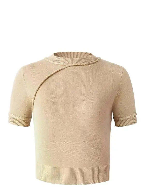 Shanghai Tang Sand Ribbed Knit Cut-out Qipao Top - Neutrals