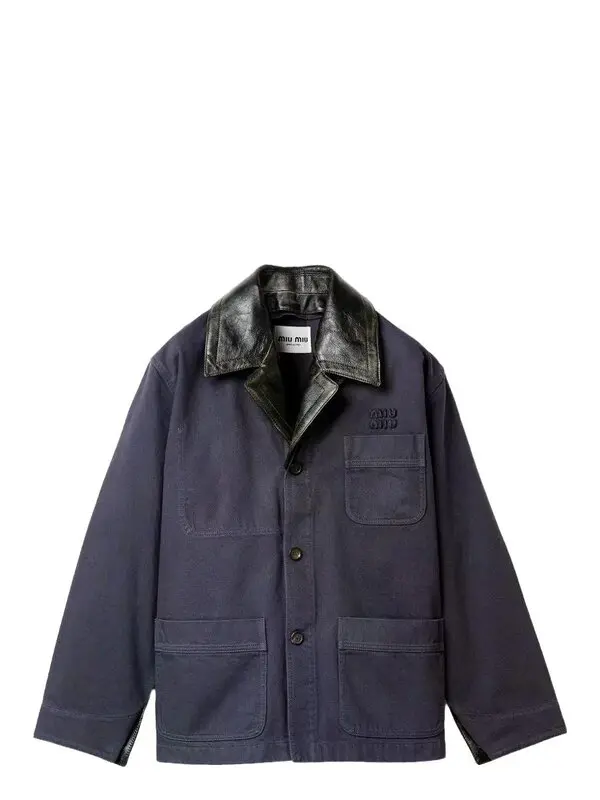 Miu Miu Leather-collar Logo-embroidered Jacket - Blue