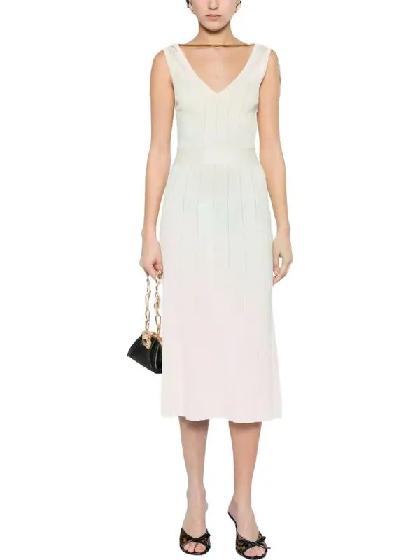 Elisabetta Franchi V-neck Ribbed Midi Dress With Golden Necklace Detail - Neutrals