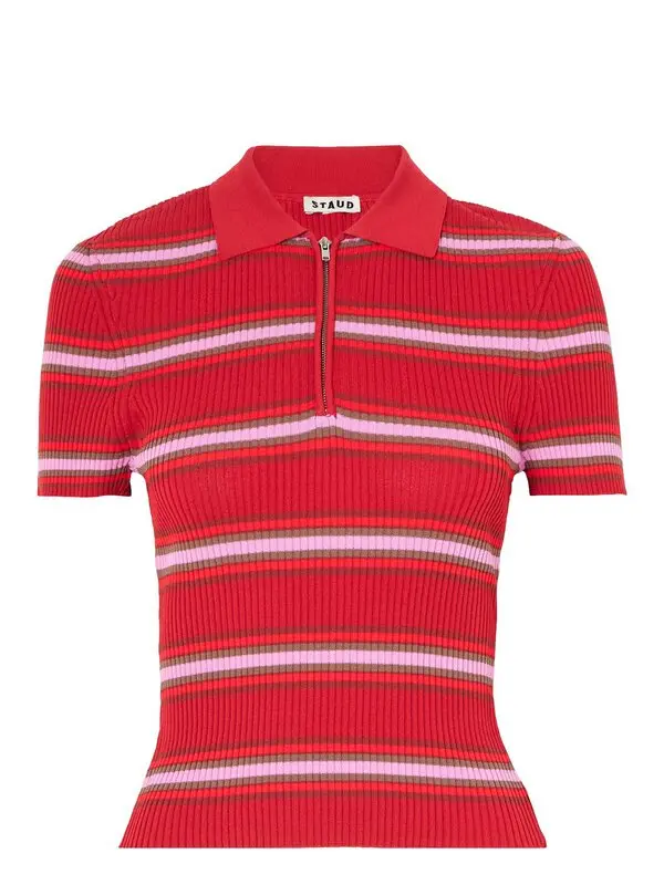 Staud Ren Striped Ribbed-knit Quarter Zip Polo Shirt - Red
