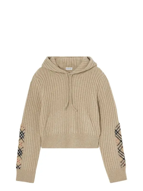 Burberry Checked Bouclé-trimmed Ribbed Wool And Cashmere-blend Hoodie - Neutrals