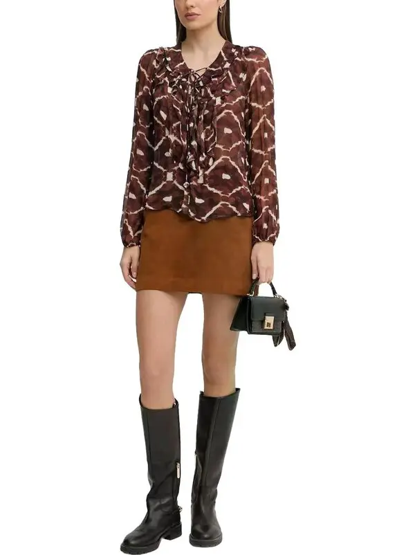 PEDRO DEL HIERRO All-over Pattern Ruffle Trim Long Sleeve Top - Brown