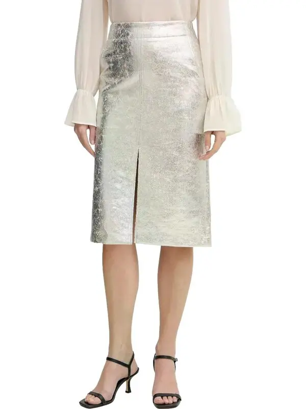 OUI Front Slit Midi Pencil Skirt - Silver