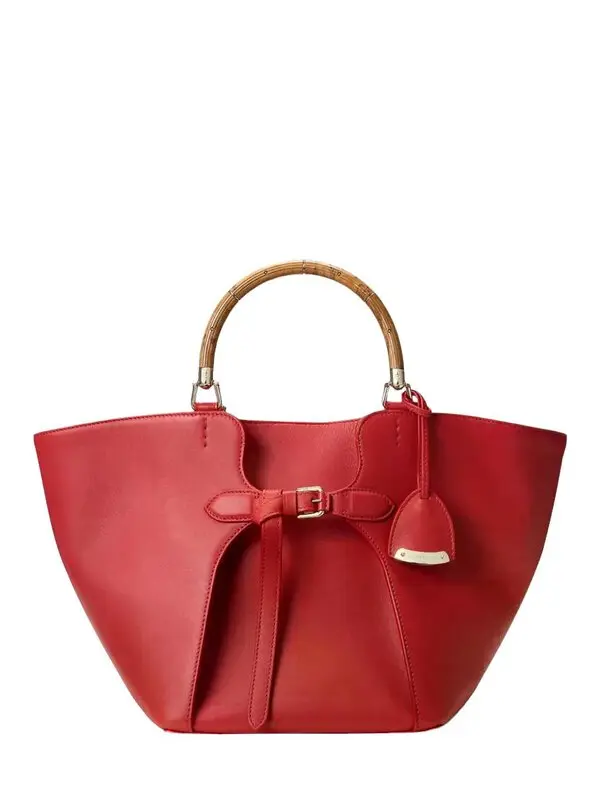 Ralph Lauren Calfskin Tote Bag With Wooden Top Handles - Red