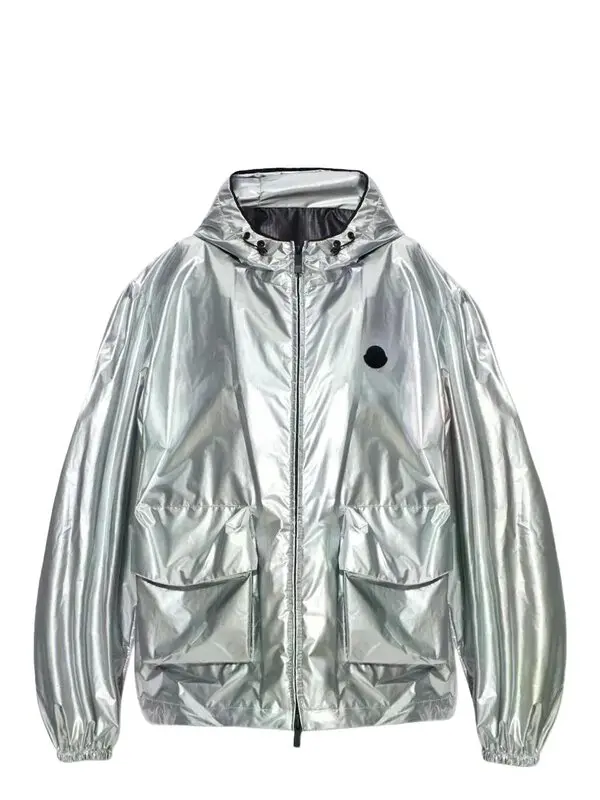 Moncler Hooded Zip-up Jacket With Logo Patch - Silver