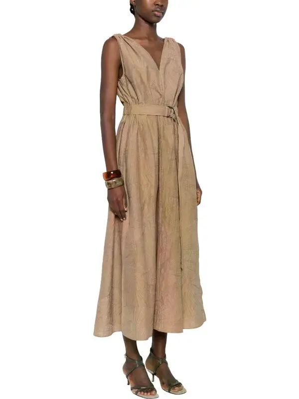 Brunello Cucinelli V-neck Belted Midi Dress - Brown
