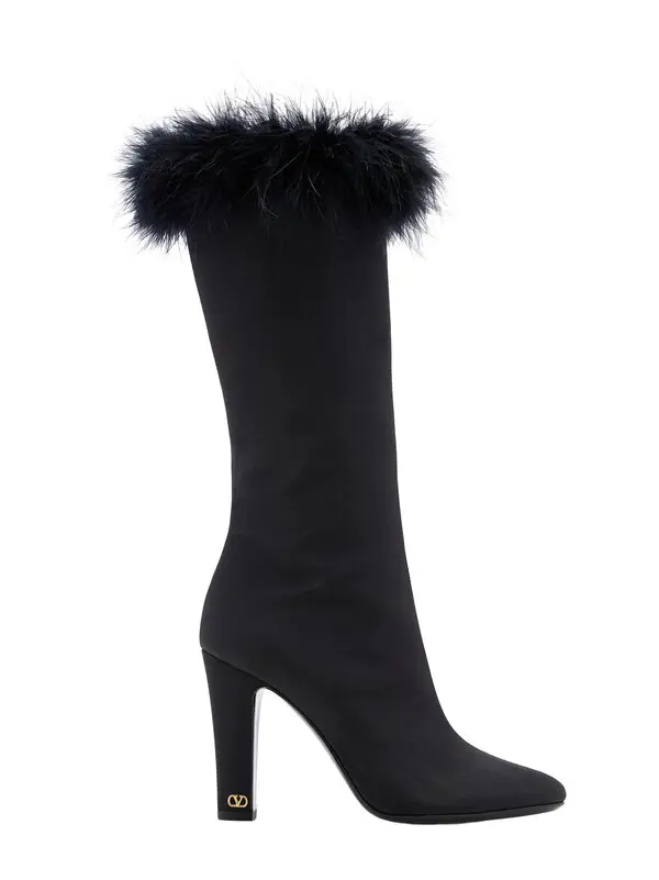 Valentino Garavani Feather-trimmed High-heeled Boots - Black