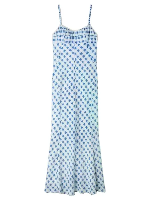 Sandro Maxi Gingham Linen Blend Dress With Cut-out Detail - Blue