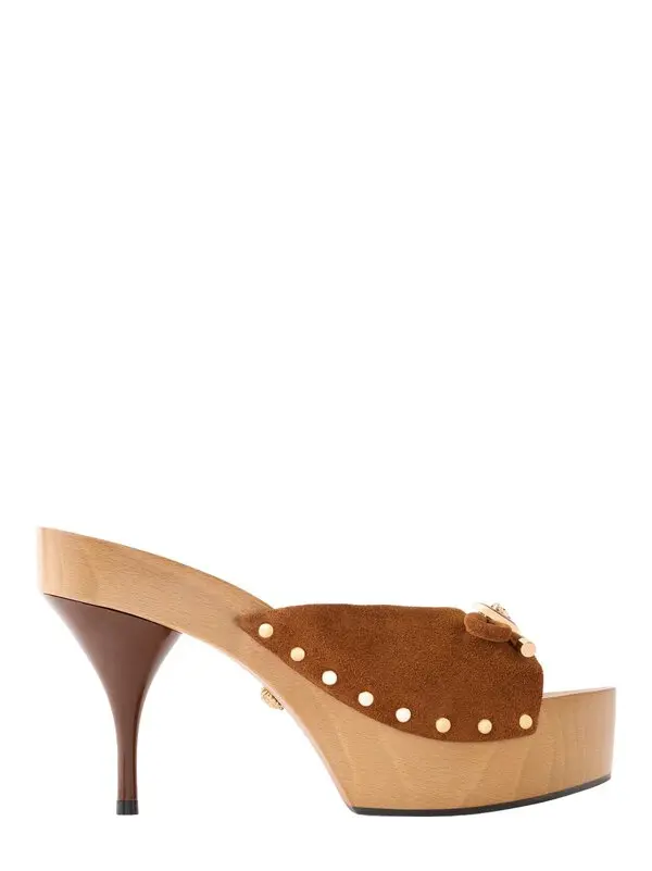 Versace Opera Bow Embellished Suede Clogs - Brown