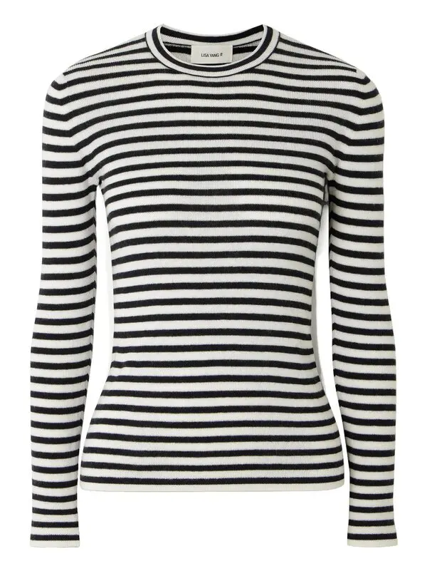 LISA YANG Vivian Striped Ribbed Cotton And Cashmere-blend Top - Black