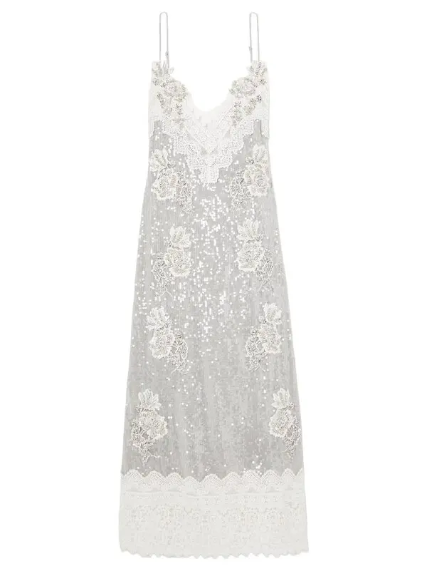 Erdem Embellished Sequined Georgette Midi Dress With Lace Trim - Silver