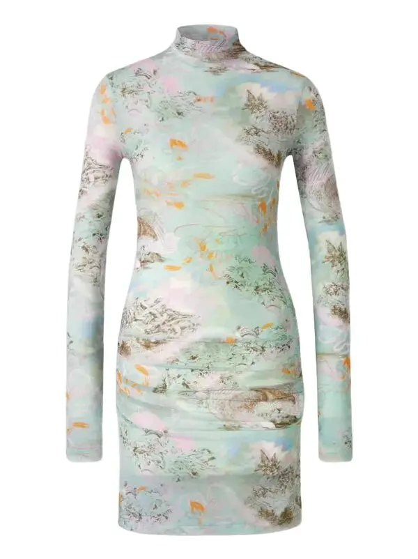 Off-White Ruched Detail Long Sleeve Dress - Green