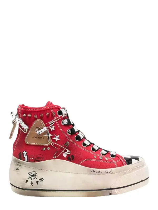 R13 Star Appliqué Checkerboard Panel High Top Sneakers - Red