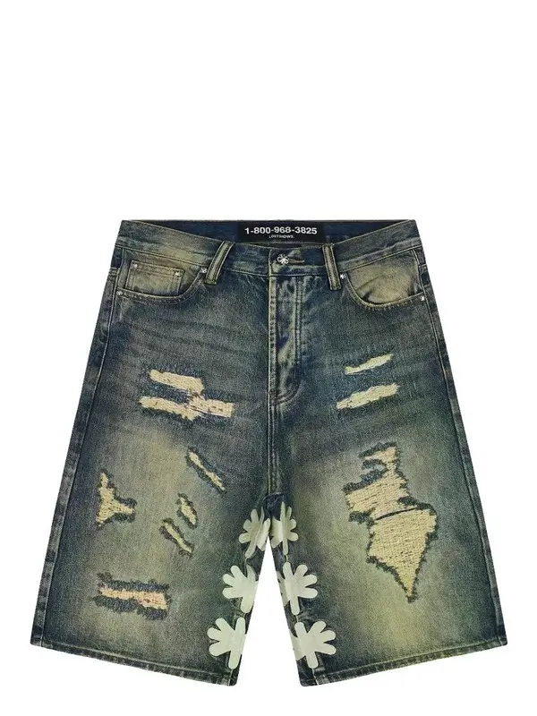 LOSTSHDWS Distressed Floral Embellished Denim Shorts - Blue