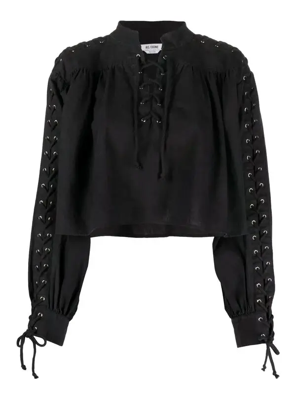 RE/DONE Pirate Lace-up Linen-blend Blouse - Black