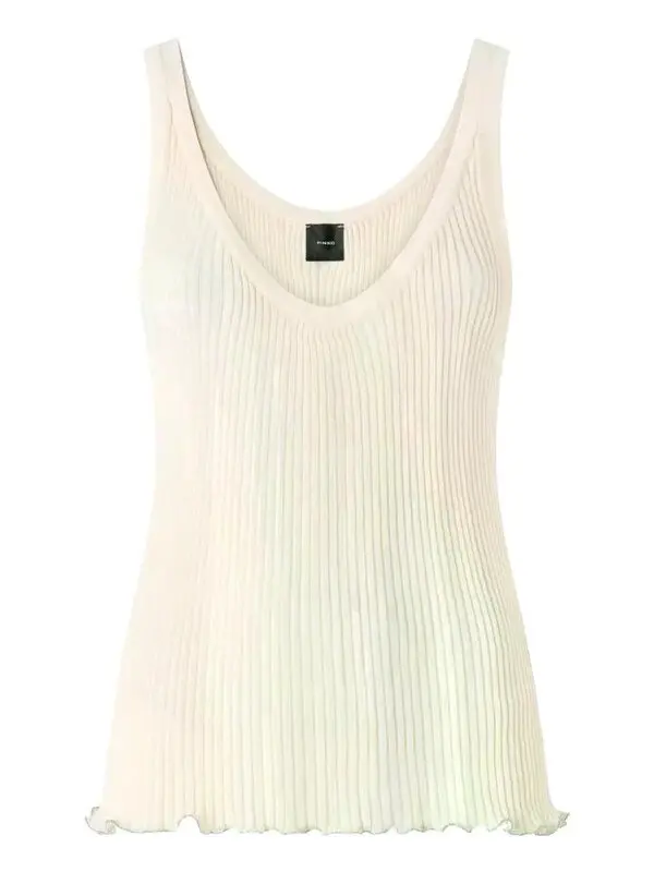 Pinko Ribbed Knit Tank Top With Ruffle Detail - Neutrals