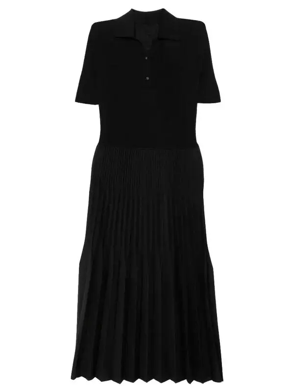 LESS Pleated Maxi Dress With Polo Collar And Short Sleeves - Black