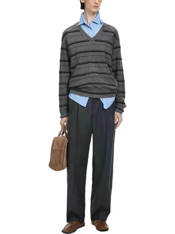 JNBY Striped V-neck Long Sleeve Top - Grey