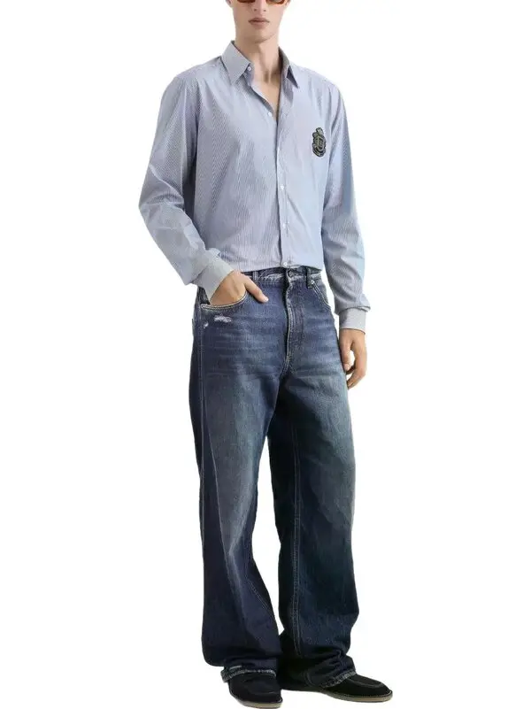 Dolce & Gabbana Striped-pattern Crest-appliqué Shirt - Blue