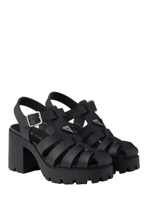 Prada Rubber Platform Sandals With Metal Buckle And Enamelled Triangle Logo - Black
