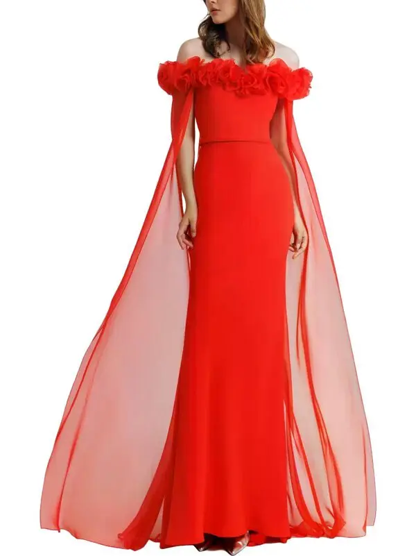 GEMY MAALOUF Off-the-shoulder Flower-embellished Maxi Dress - Red