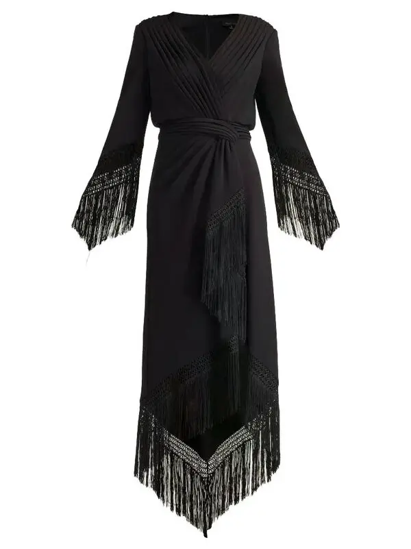 Tadashi Shoji V-neck Midi Dress With Fringe Trim - Black