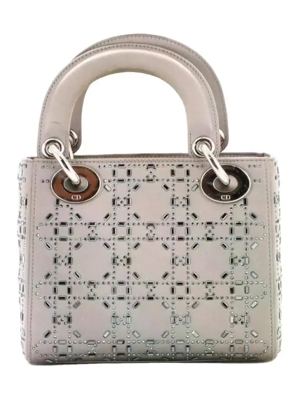 Dior Lady Bag Crystal Embellished Cannage Quilt Satin Mini Satchel - Grey