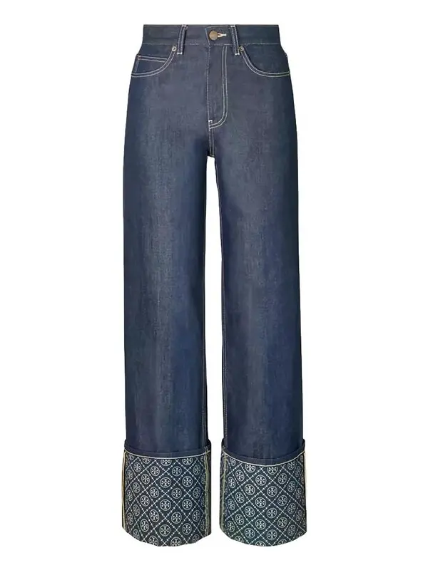Tory Burch T Monogram Contrast-cuff Straight Legjeans - Blue