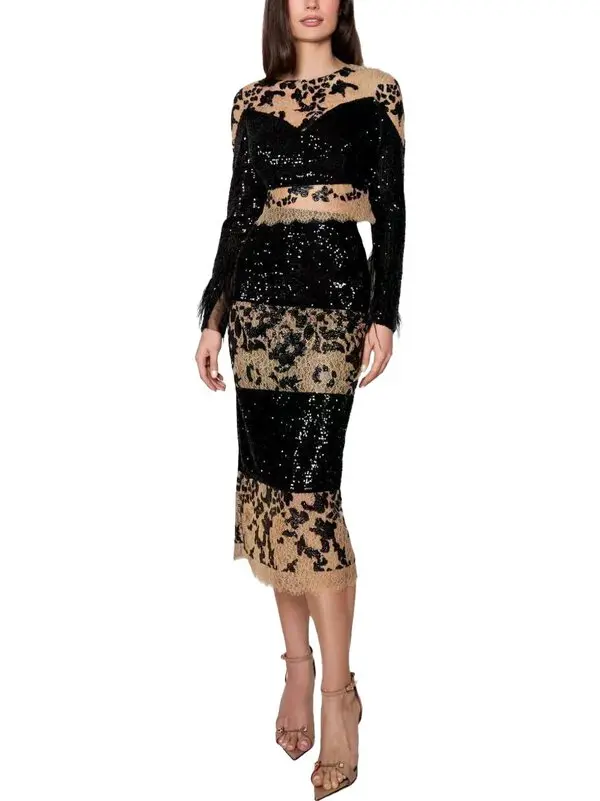 IMROSKA Zebra Dune Sequin Embellished Floral Midi Skirt - Black